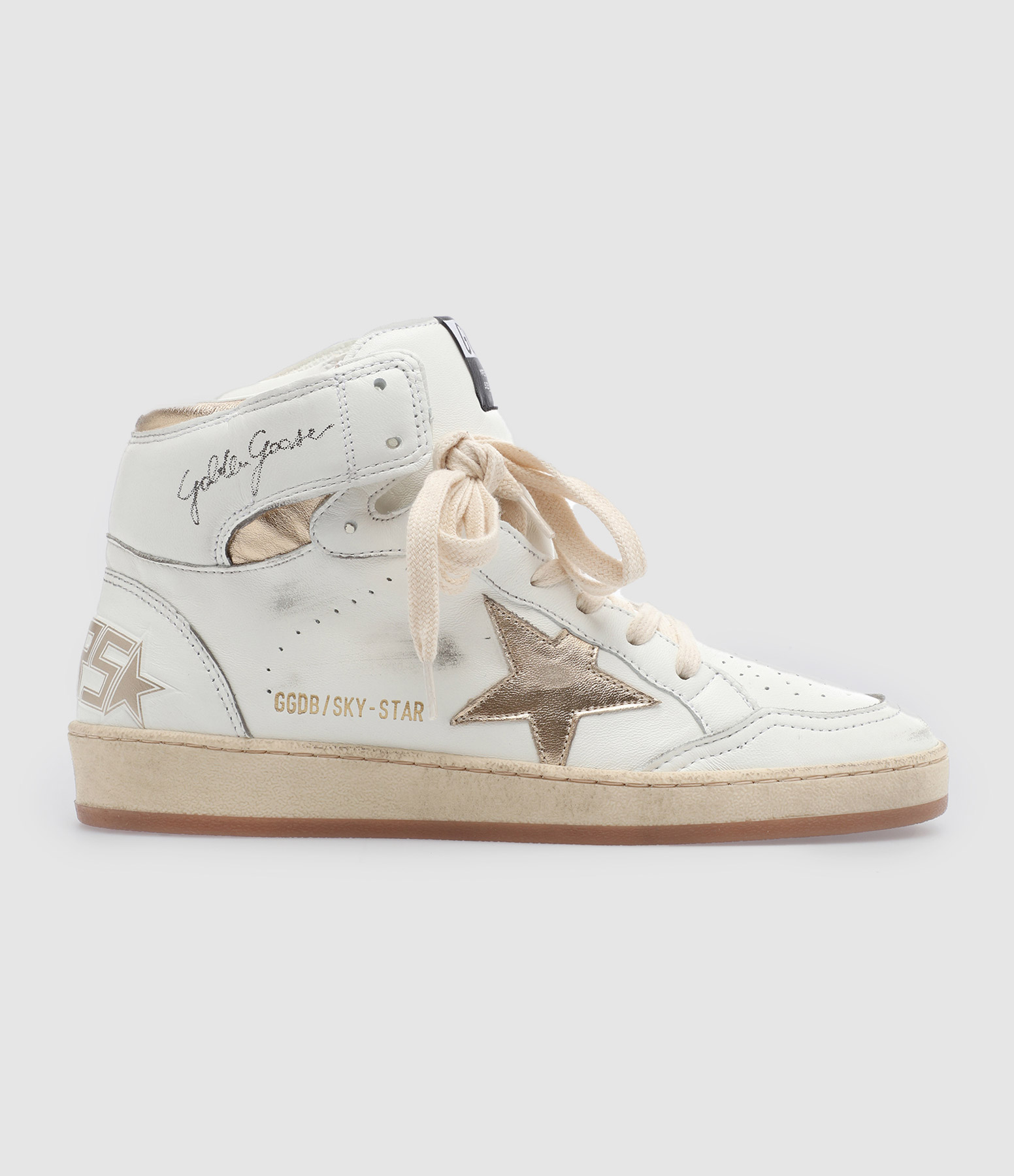 GOLDEN GOOSE - Baskets Skystar Cuir Laminé Blanc Noir Doré