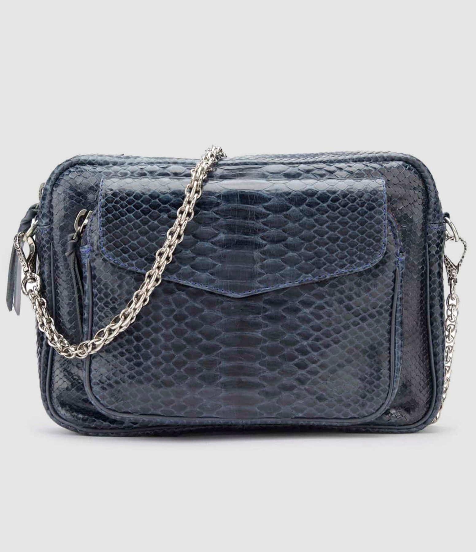 CLARIS VIROT - Sac Big Charly Python Chaîne Argentée Navy