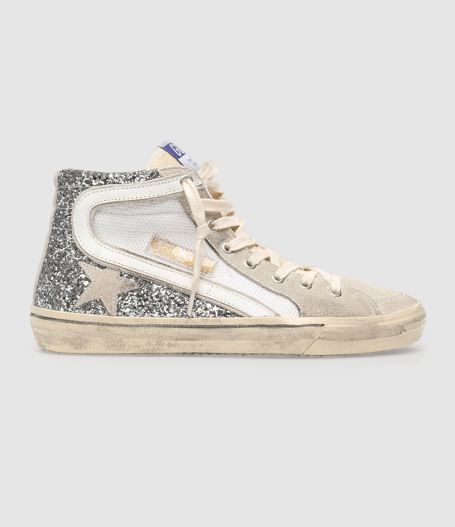 GOLDEN GOOSE - Baskets Slide Cuir Glitter Blanc Marbre