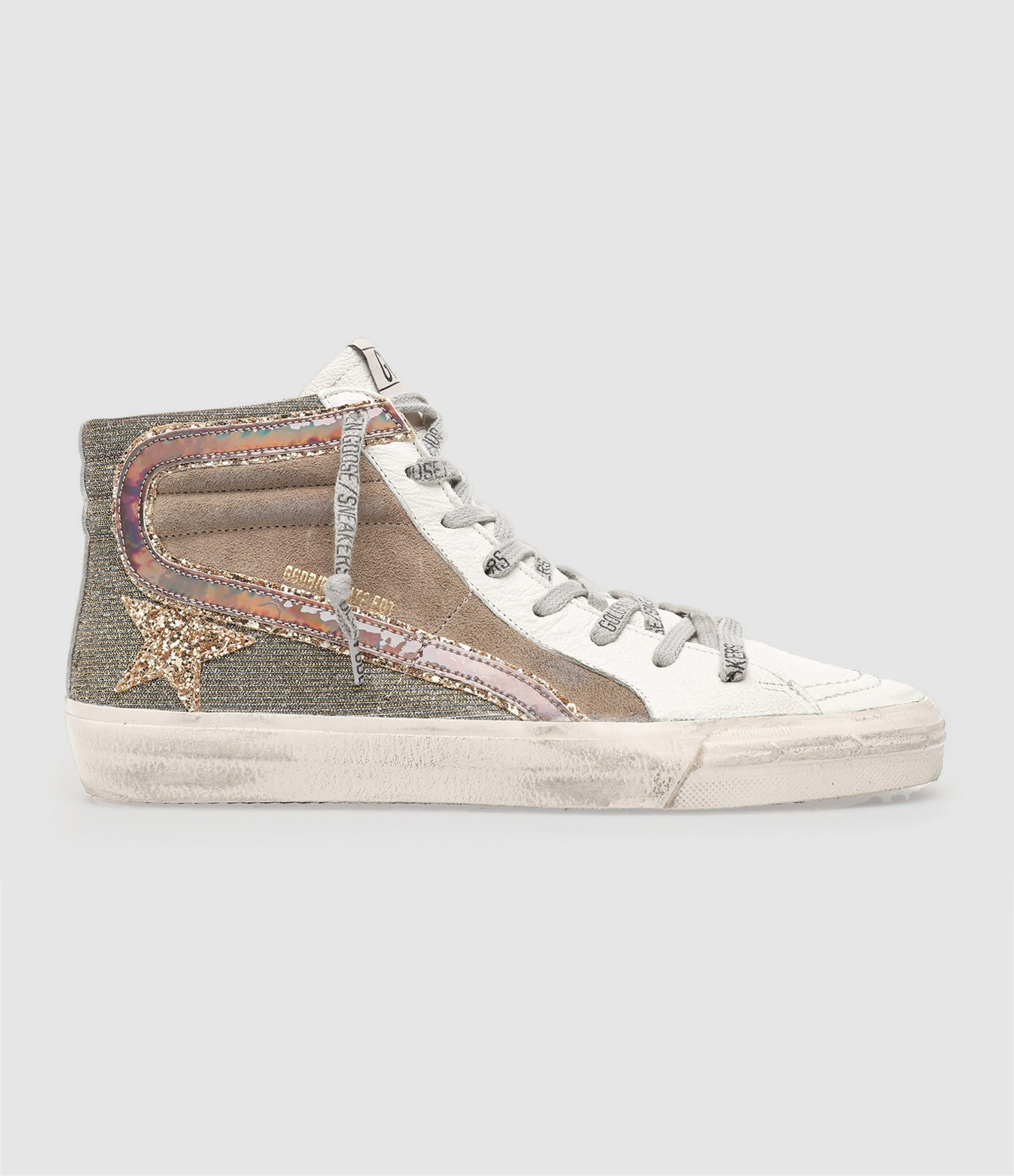GOLDEN GOOSE - Baskets Slide Cuir Marron Doré Blanc, Exclu