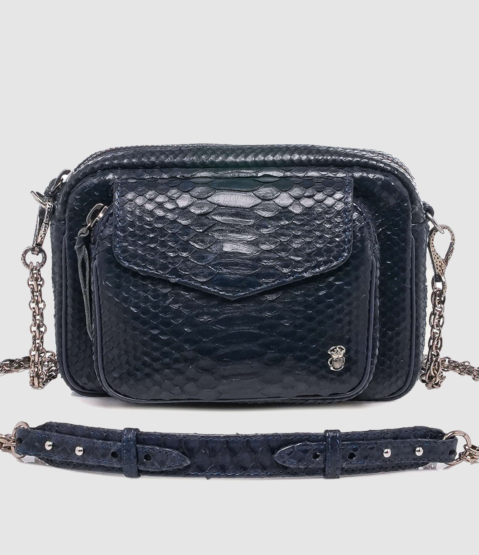 CLARIS VIROT - Sac Big Charly Python Chaîne Argentée Navy